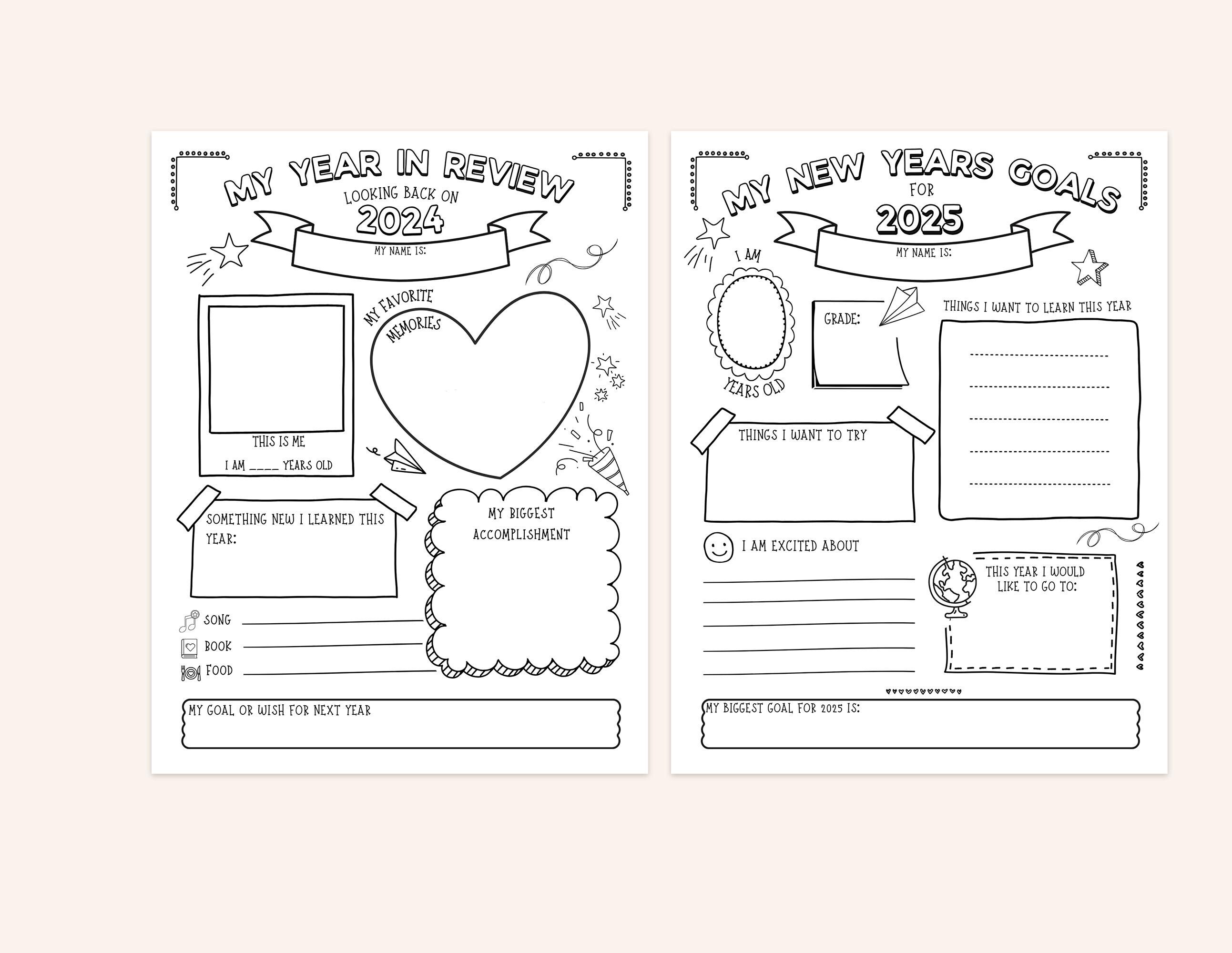 2025 New Years Goals Activity Page for Kids Printable, Year in Review ...