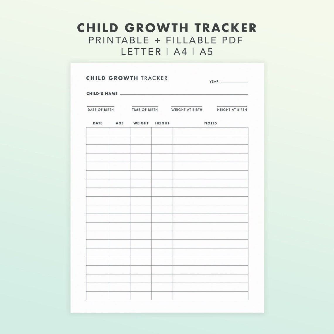 Fillable Child Growth Tracker, Baby, Toddlers and Big Kids Development ...