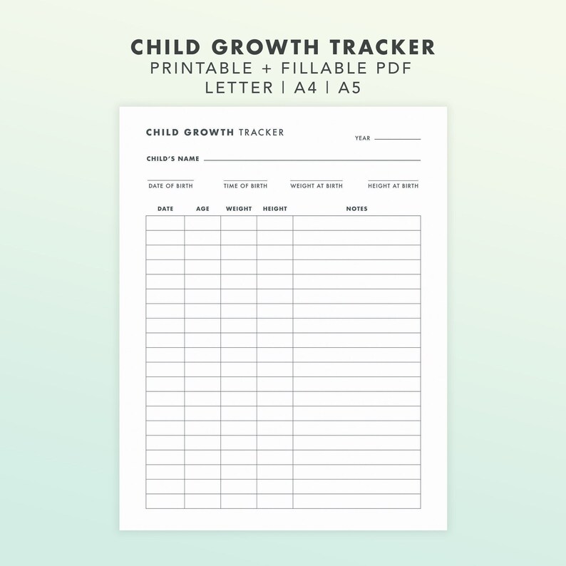 Fillable Child Growth Tracker, Baby, Toddlers and Big Kids Development ...