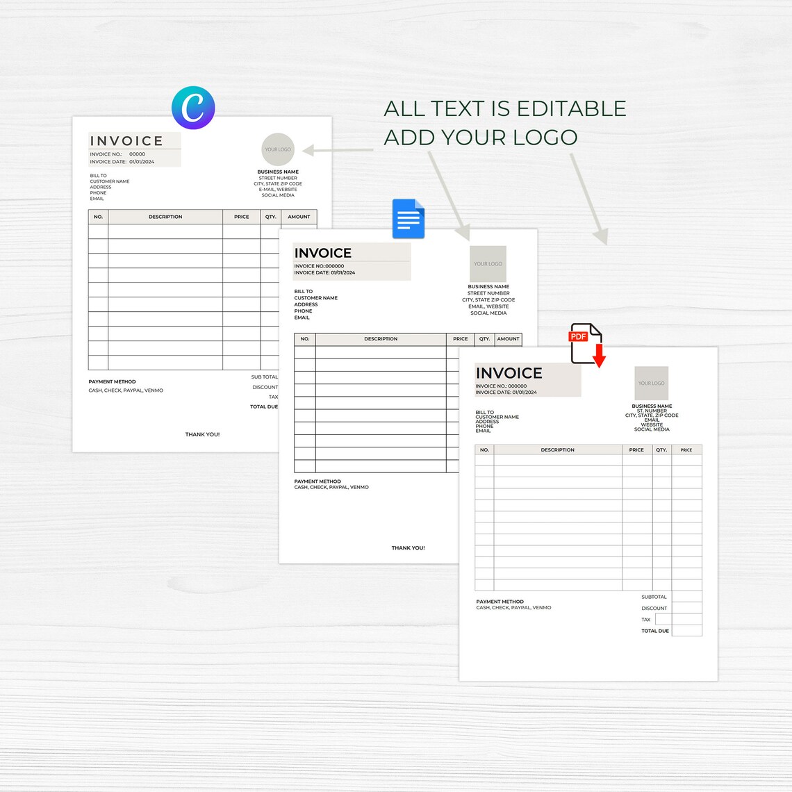 Editable Small Business Invoice Canva Template, Google Docs Invoice ...