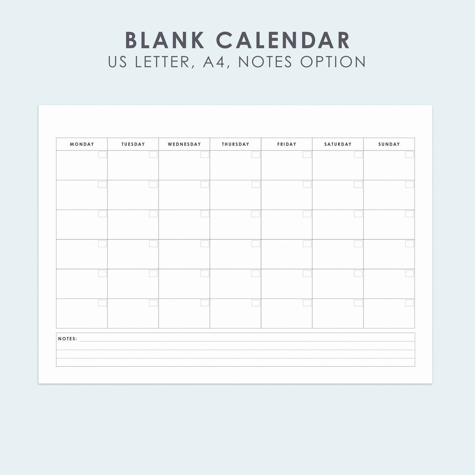 Blank Monthly Calendar With Notes, Fillable Printable PDF Calendar ...