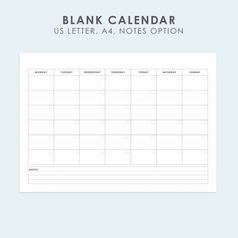 Blank Monthly Calendar With Notes, Fillable Printable PDF Calendar ...