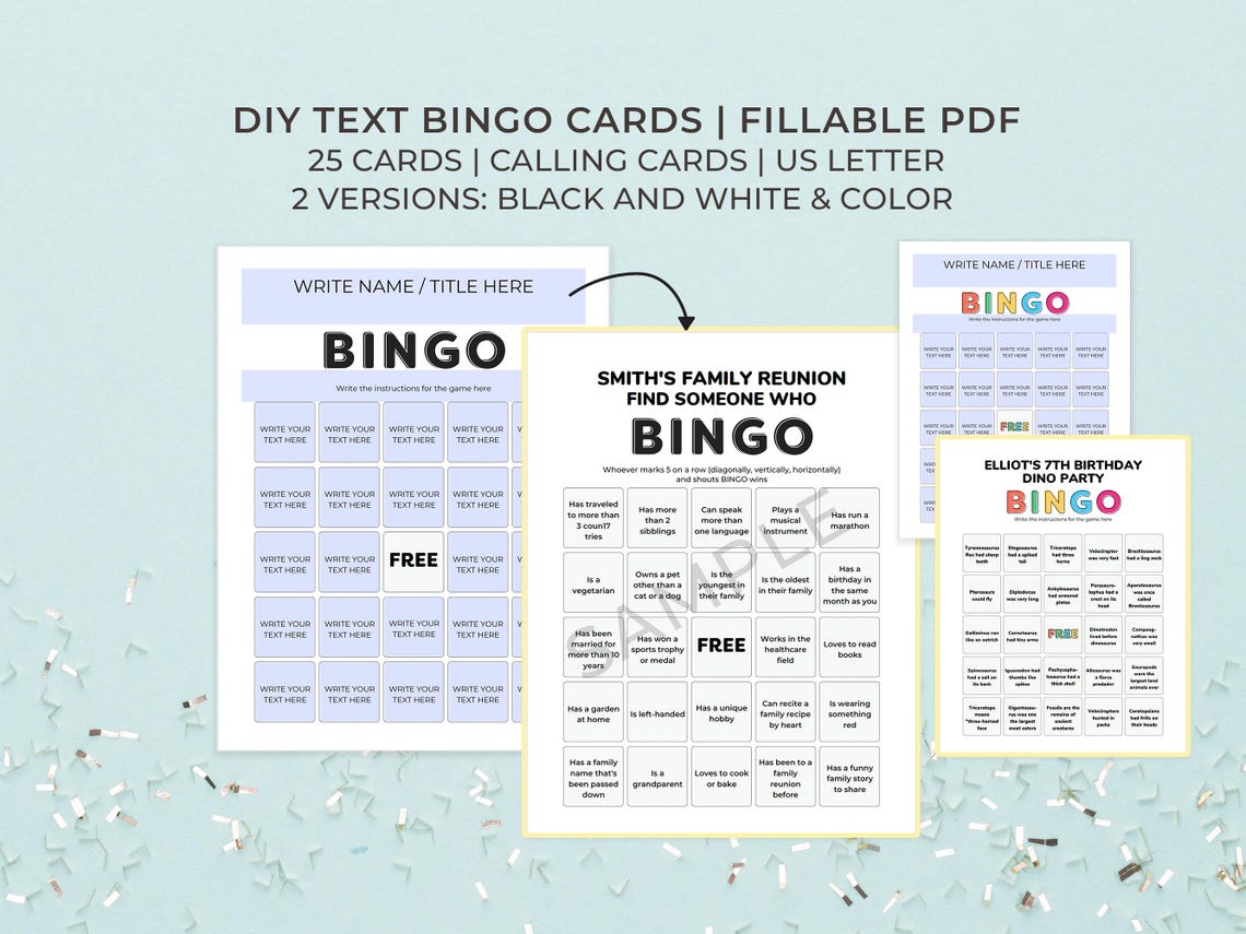 25 Fillable Bingo Cards, Type Your Own Text Bingo Card Template ...