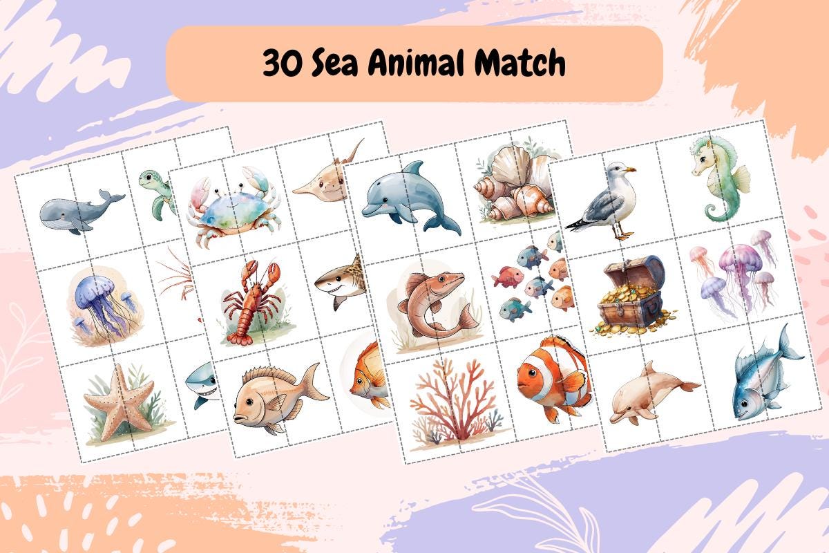 30-sea Animals Matching Game for Kids, Matching Activity, Montessori ...