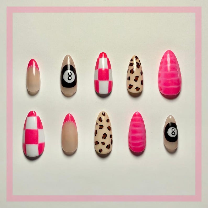 Hand Painted Hot Pink and Cheetah 8 Ball Nails - Etsy