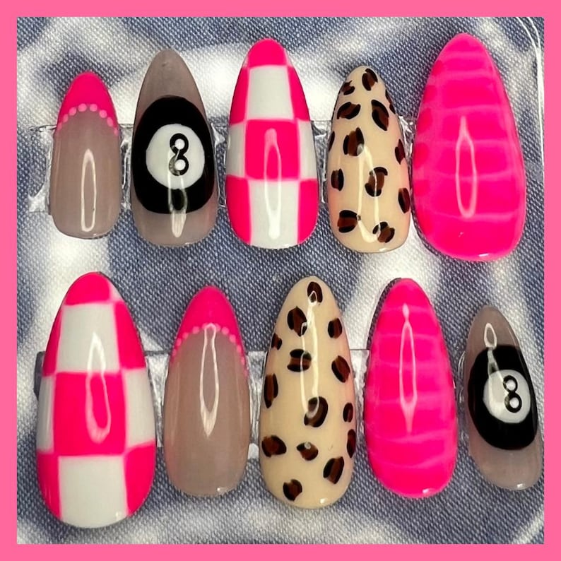 Hand Painted Hot Pink and Cheetah 8 Ball Nails - Etsy