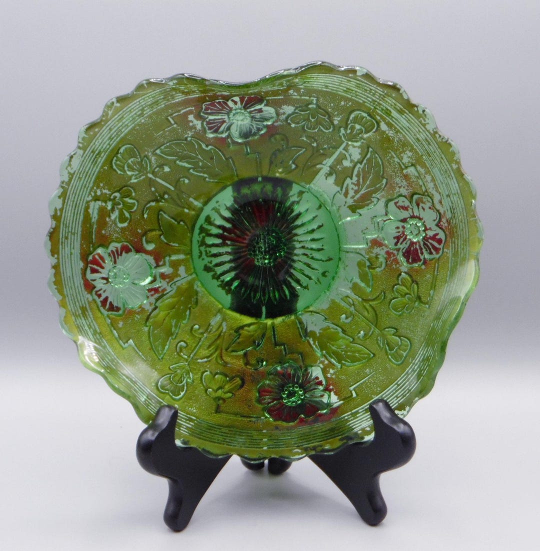 Vintage Goofus Glass Dish: Green Poppy Lightning Flower, Northwood - Etsy