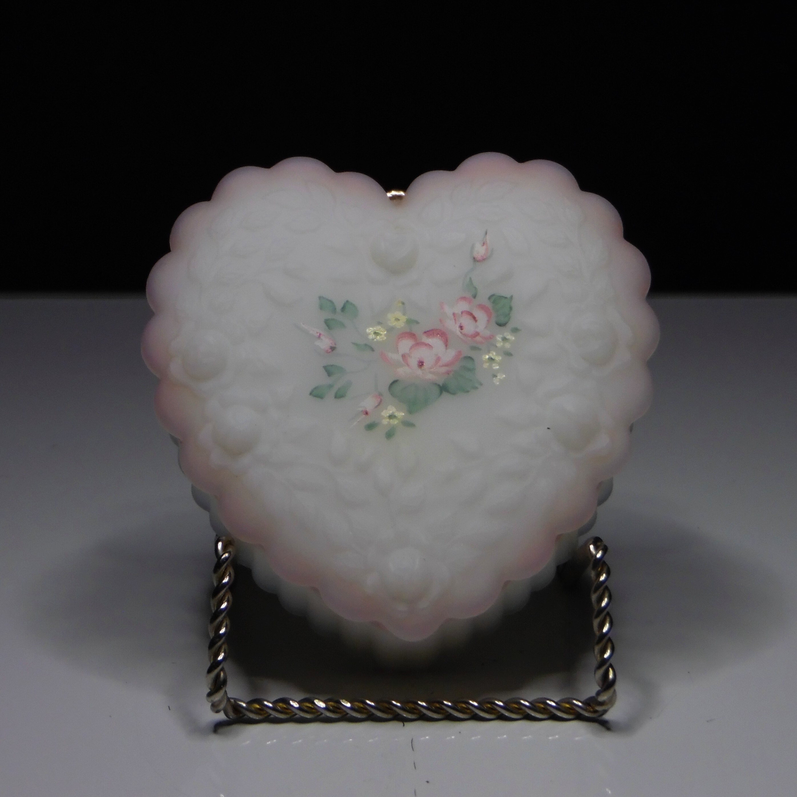 Vintage Glass Trinket Box, Heart Shape, Fenton Art Glass, Rose, 1993 - 1995