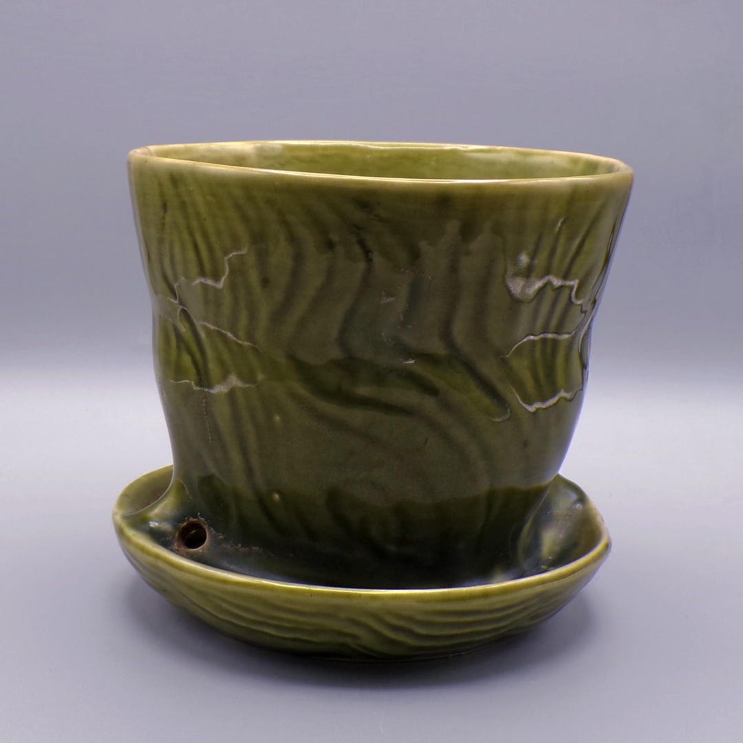 MCM Brush Pottery Tree Stump Flower Pot - Moss Green Art Pottery - Etsy