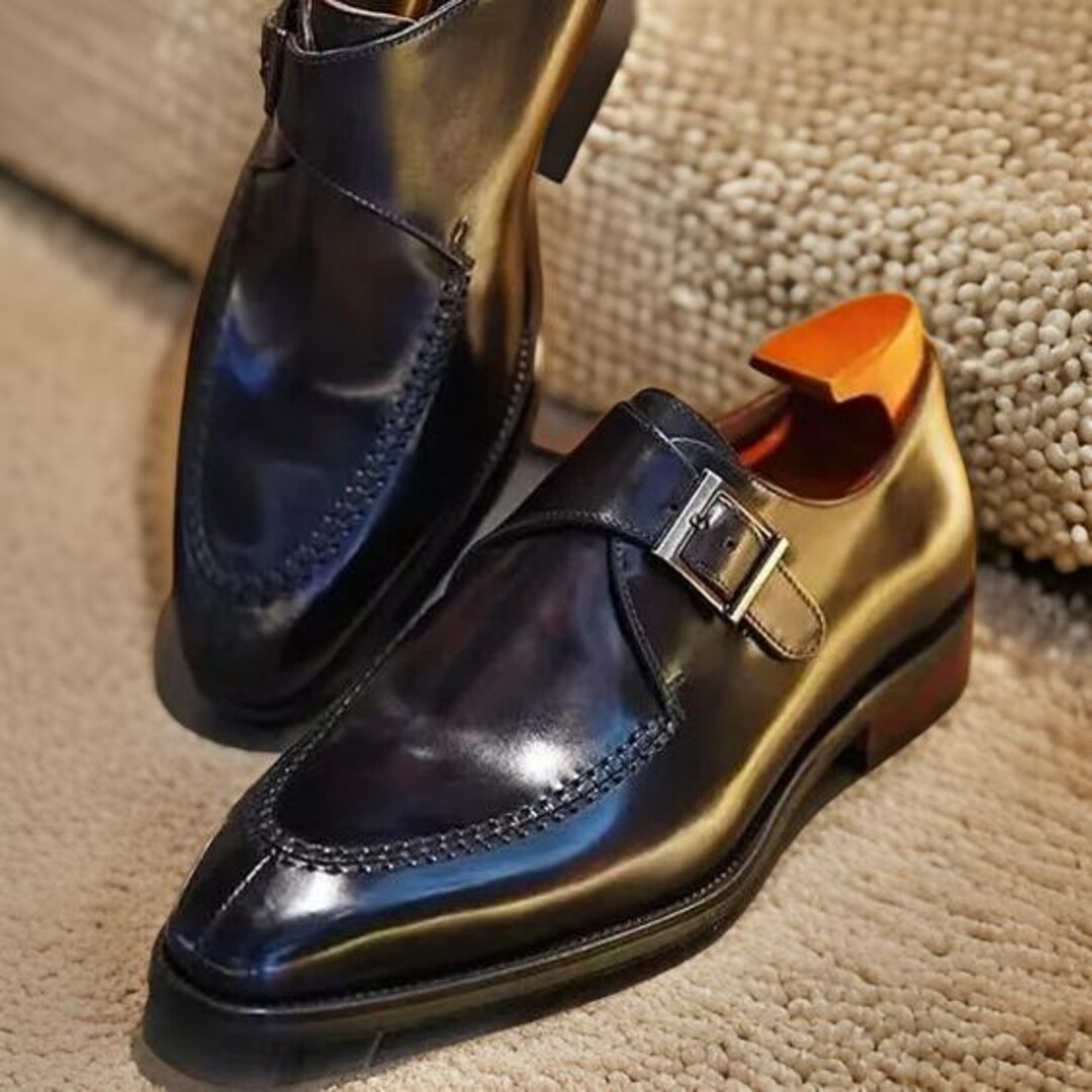 Handmade Men's Genuine Leather Monk Strap Shoes - Black Chisel Toe ...