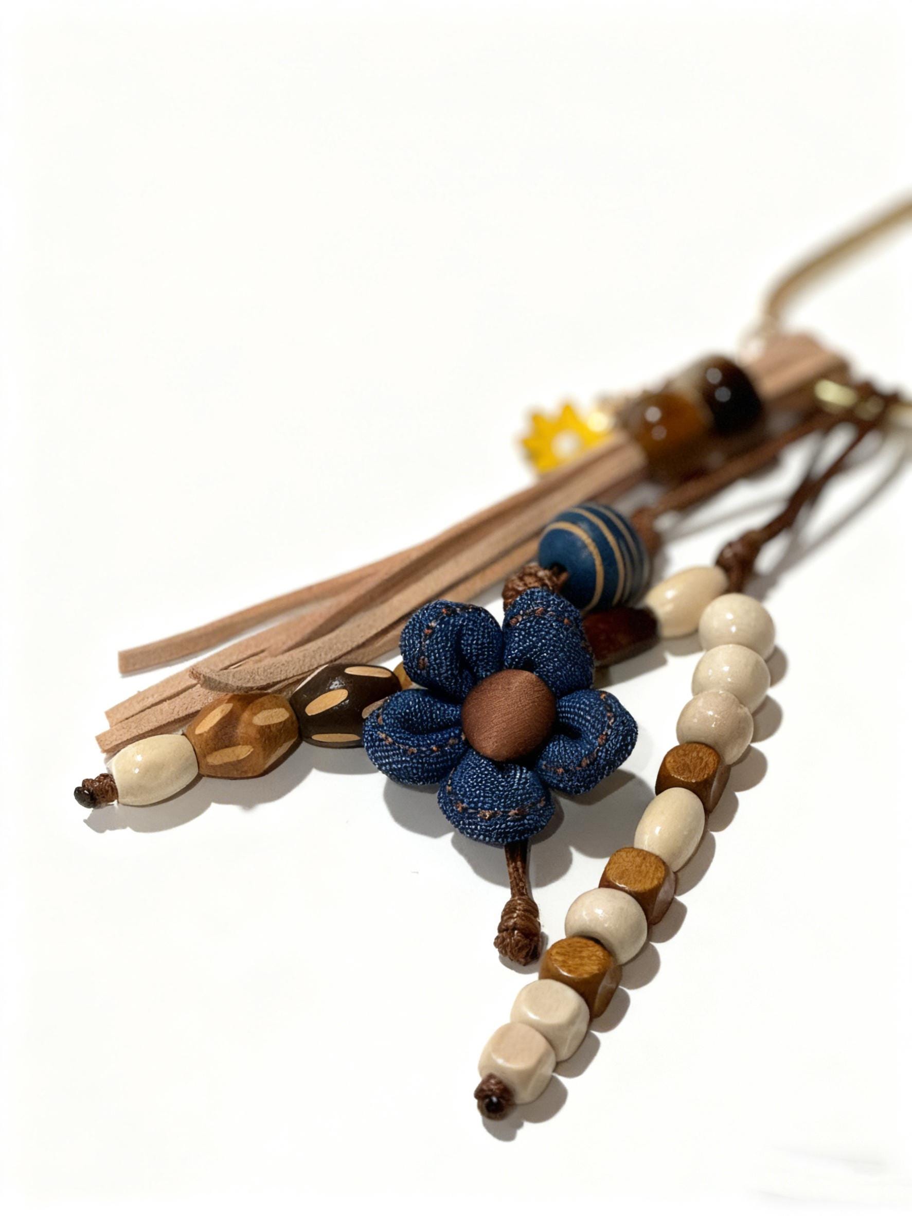 Boho Beaded Suede Bag Charm With Denim Flower, Handmade Beaded Keychain ...