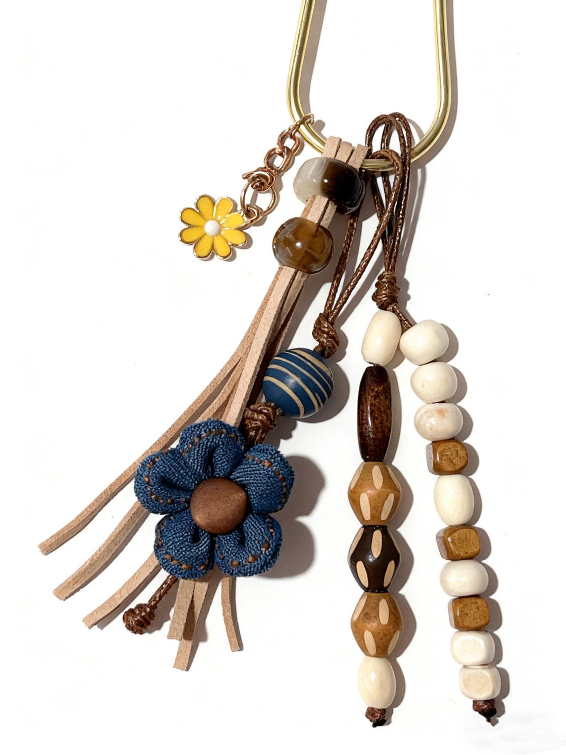 Boho Beaded Suede Bag Charm With Denim Flower, Handmade Beaded Keychain ...