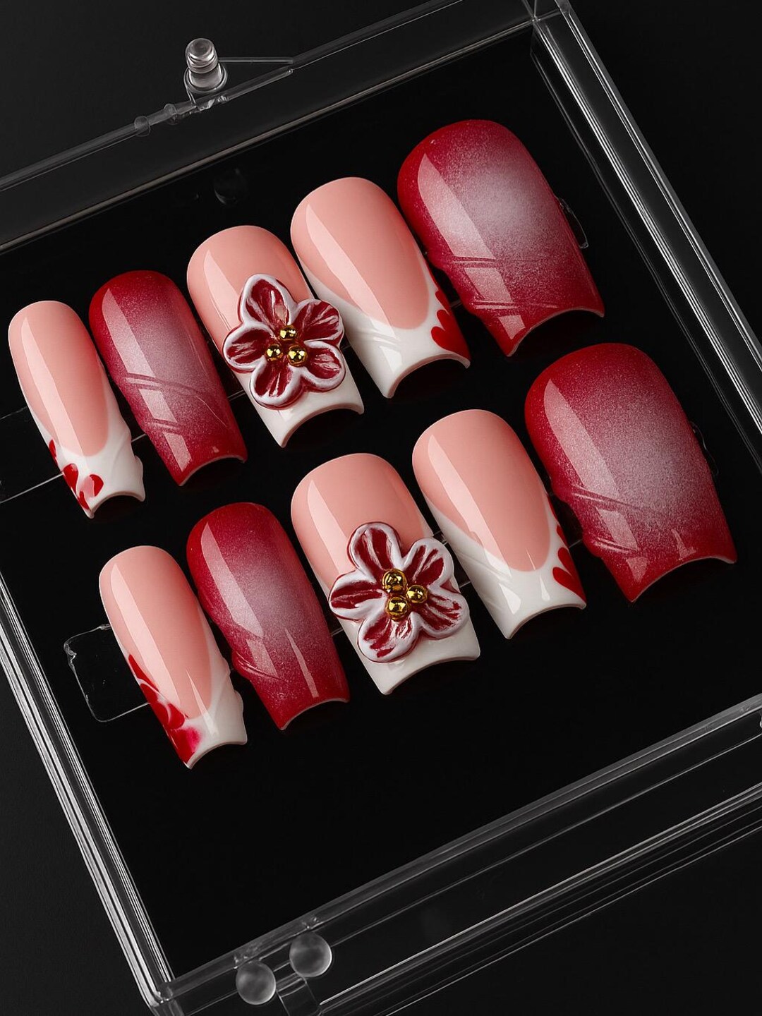 3D Floral Press on Nails: Red Ombre Gemstone Valentine Nails - Etsy