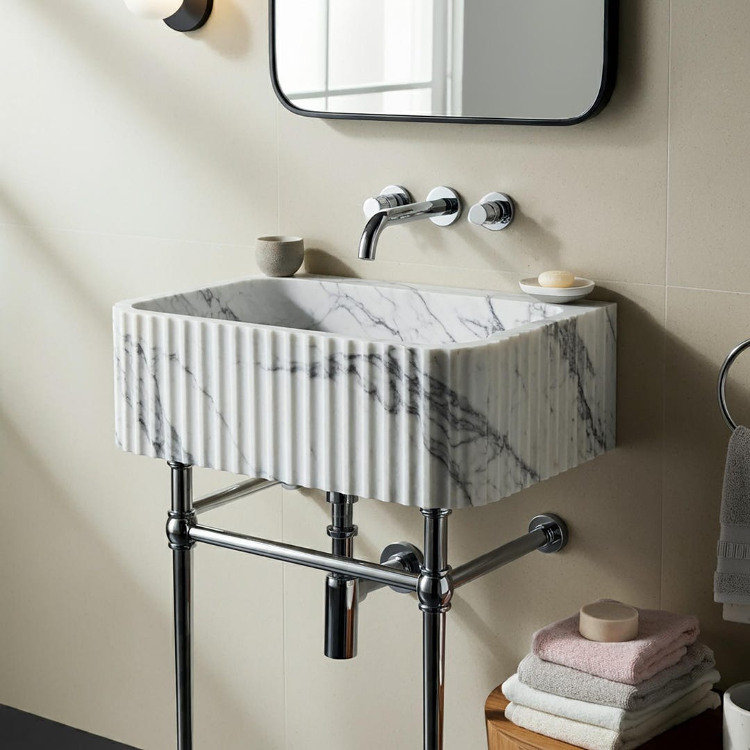 Fluted Carrara Marble Pedestal Sink – Freestanding Bathroom Basin With ...