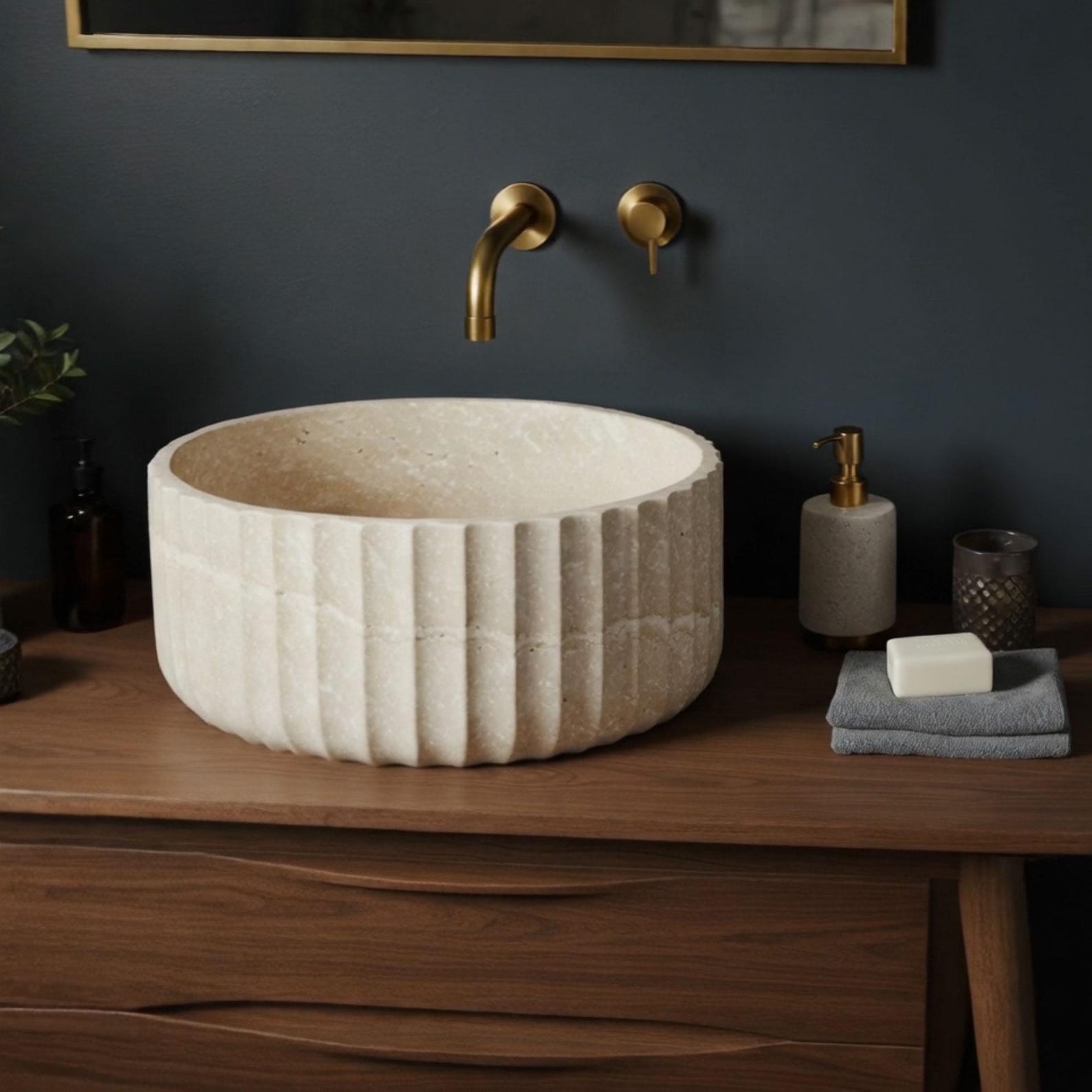 Fluted Marble Vessel Sink With Walnut Vanity – Round Stone Basin Set ...