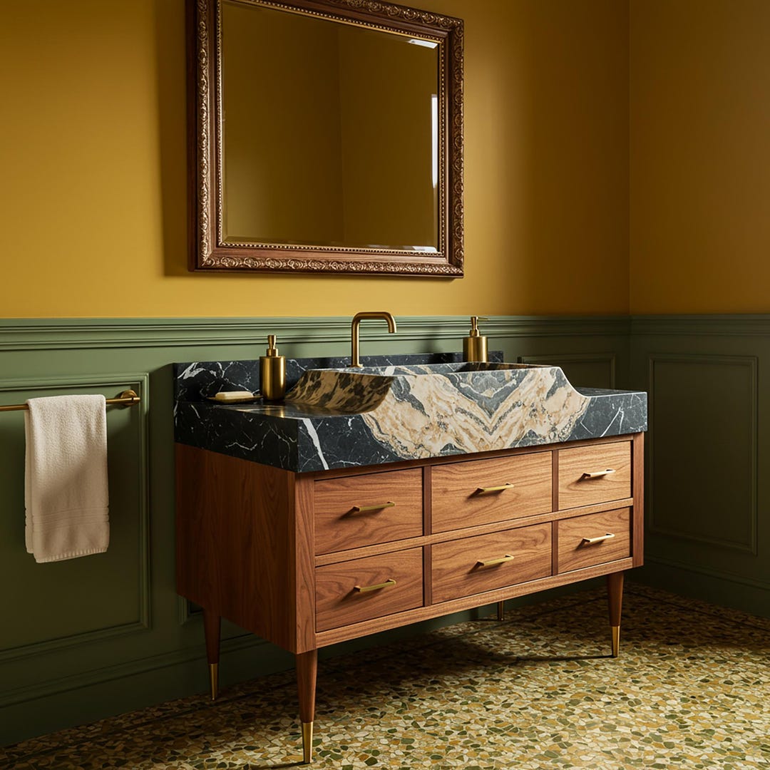 Picasso Marble Bathroom Vanity With Farmhouse Style Stone Sink and Base ...