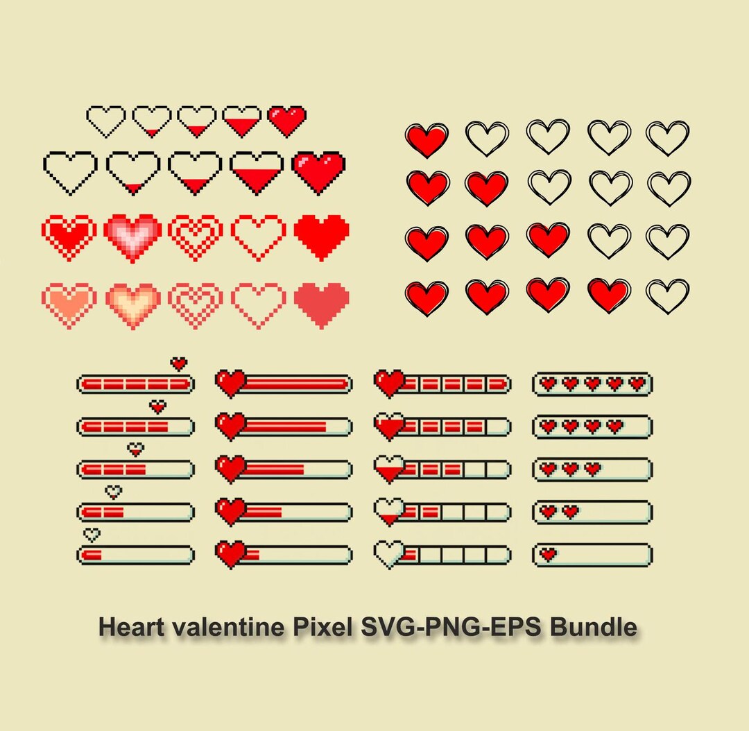 Retro Pixel Health Hearts SVG Gamer Life Heart Bar Health Bar Vector ...