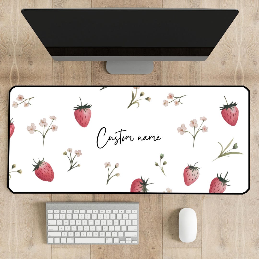 Strawberry Desk Pad, Minimal Desk Mat, Custom Mouse Pad, Floral Desk ...