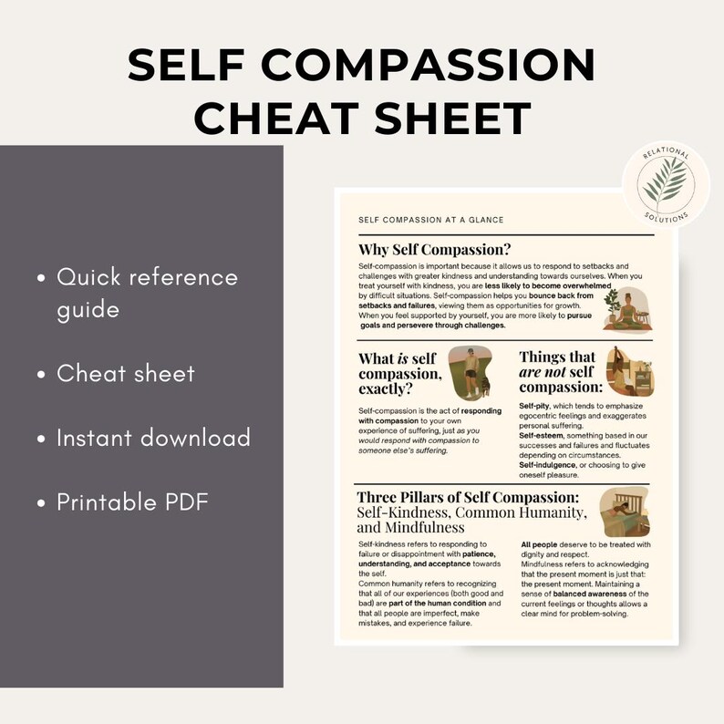 Self-compassion Cheat Sheet; Self-compassion; Practicing Self-compassion; Therapy Worksheets on ...