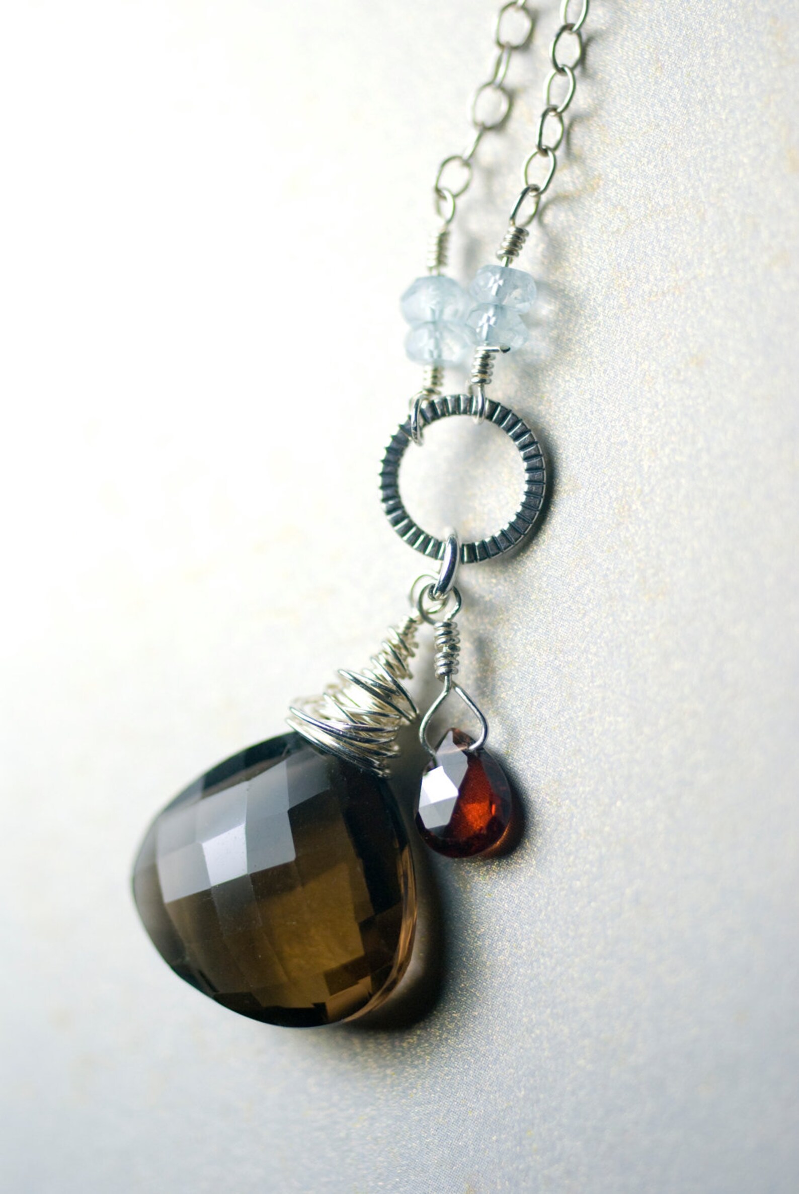 Smoky Quartz Garnet Aquamarine Sterling Silver Necklace Pendant Heart Briolette Chocolate Mocha ...