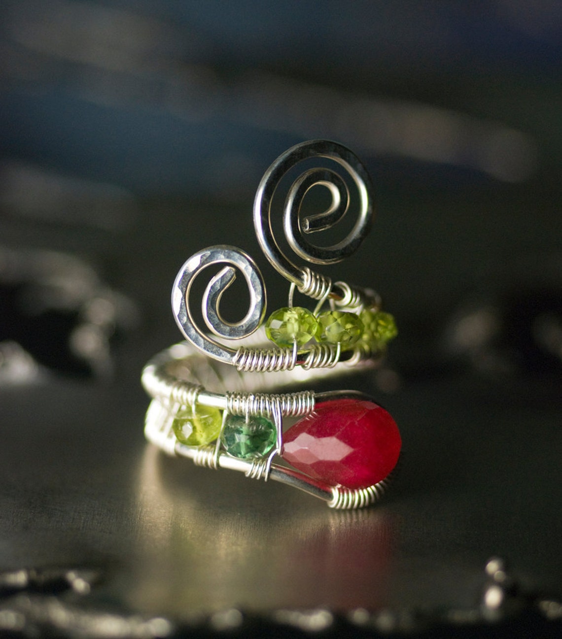 Ruby Ring, Gemstone Silver Wirework Ring Berry Red Ruby Quartz, Chrome ...