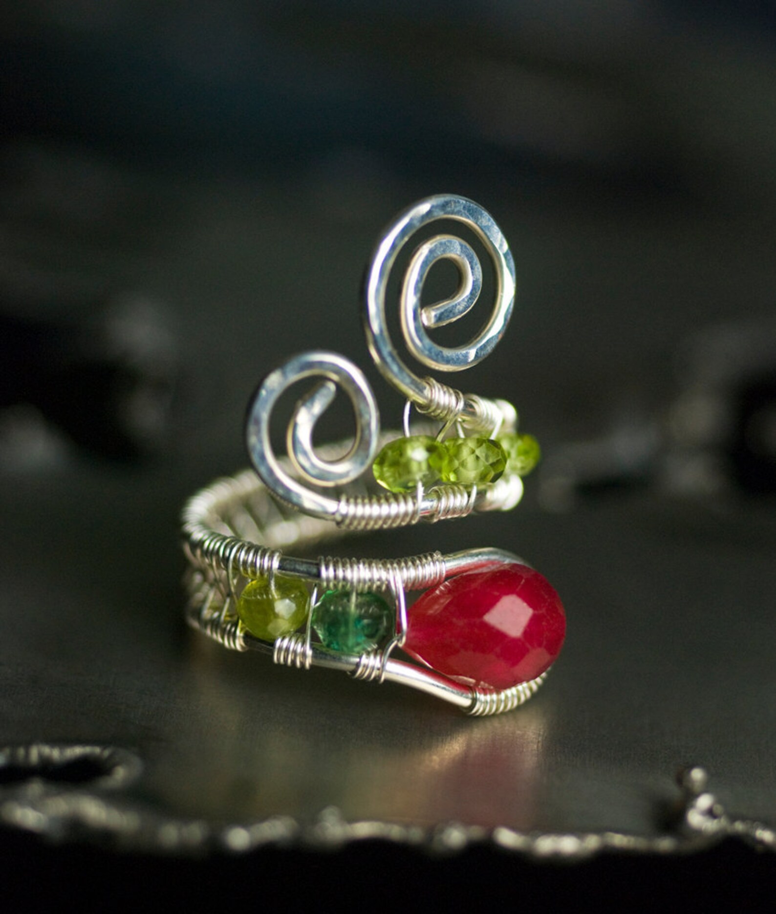 Ruby Ring, Gemstone Silver Wirework Ring Berry Red Ruby Quartz, Chrome ...