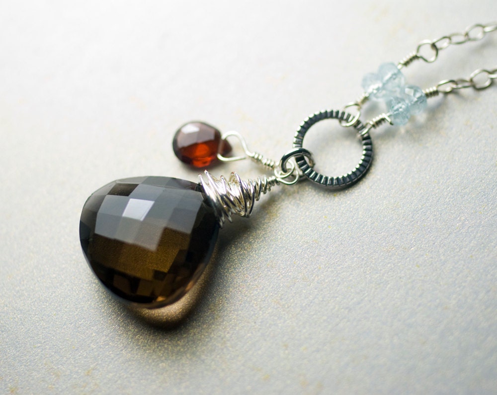 Smoky Quartz Garnet Aquamarine Sterling Silver Necklace Pendant Heart Briolette Chocolate Mocha ...