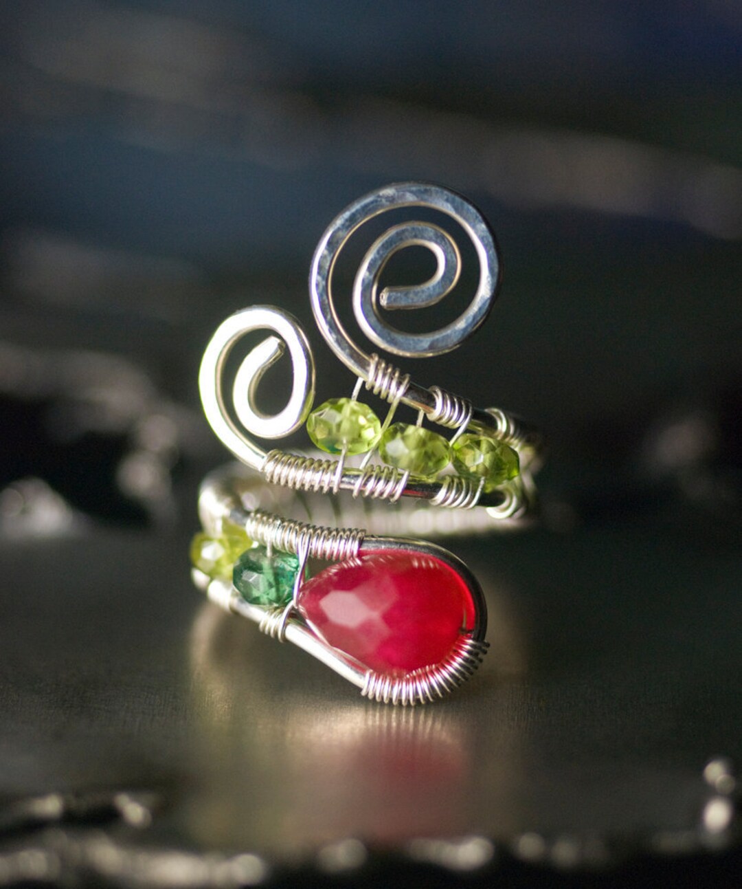 Ruby Ring, Gemstone Silver Wirework Ring Berry Red Ruby Quartz, Chrome ...