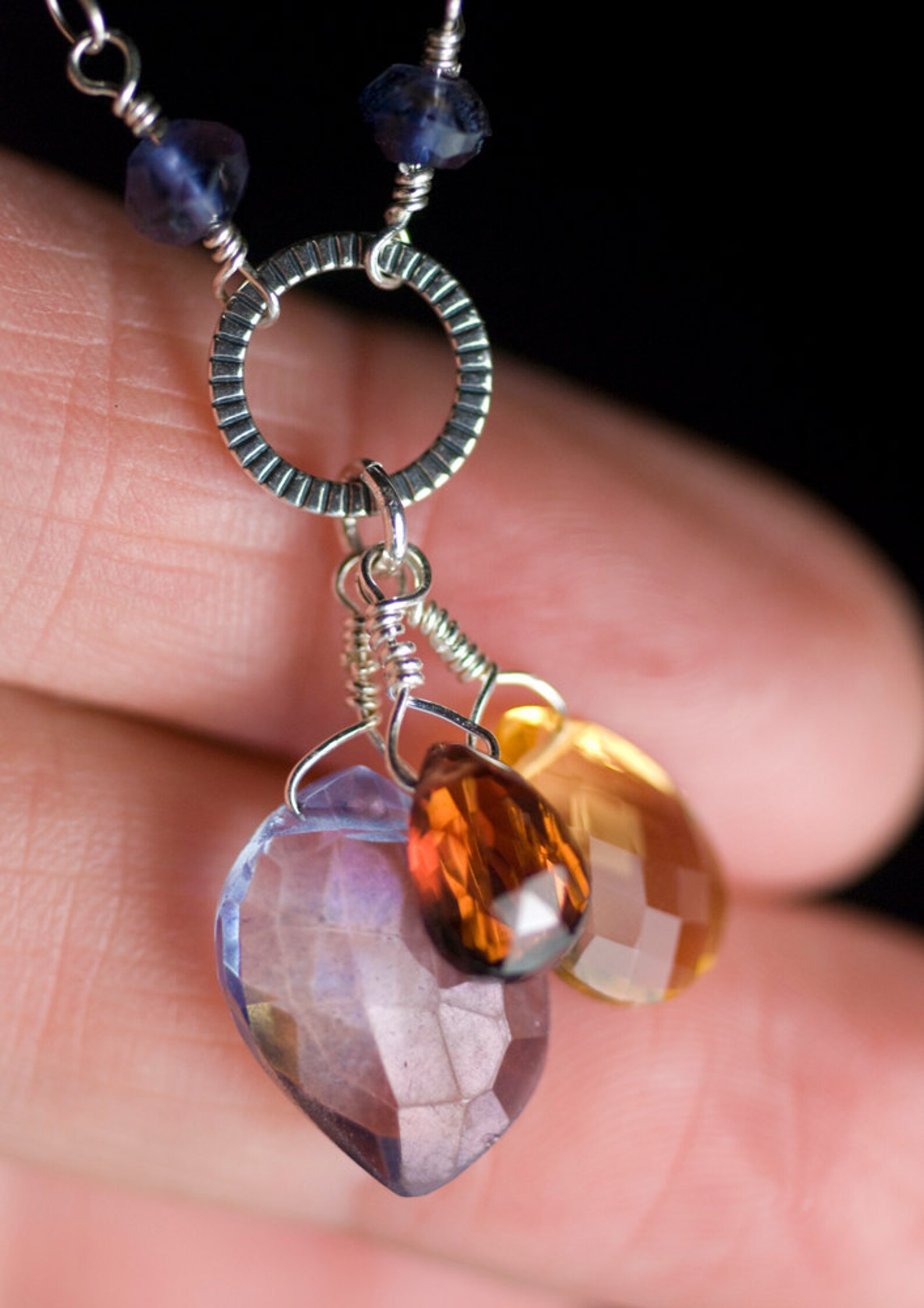 Gemstone Sterling Silver Necklace Denim Blue Leaf Quartz, Red Pyrope ...