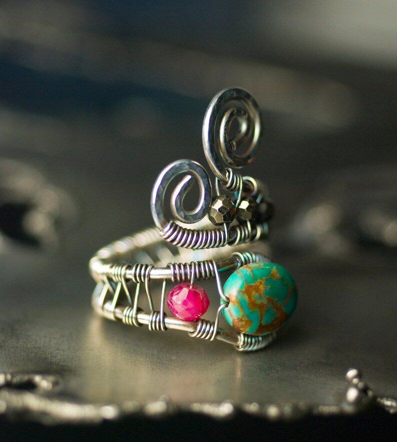 Turquoise Ruby Pyrite Sterling Silver Wirework Ring Raspberry Red ...