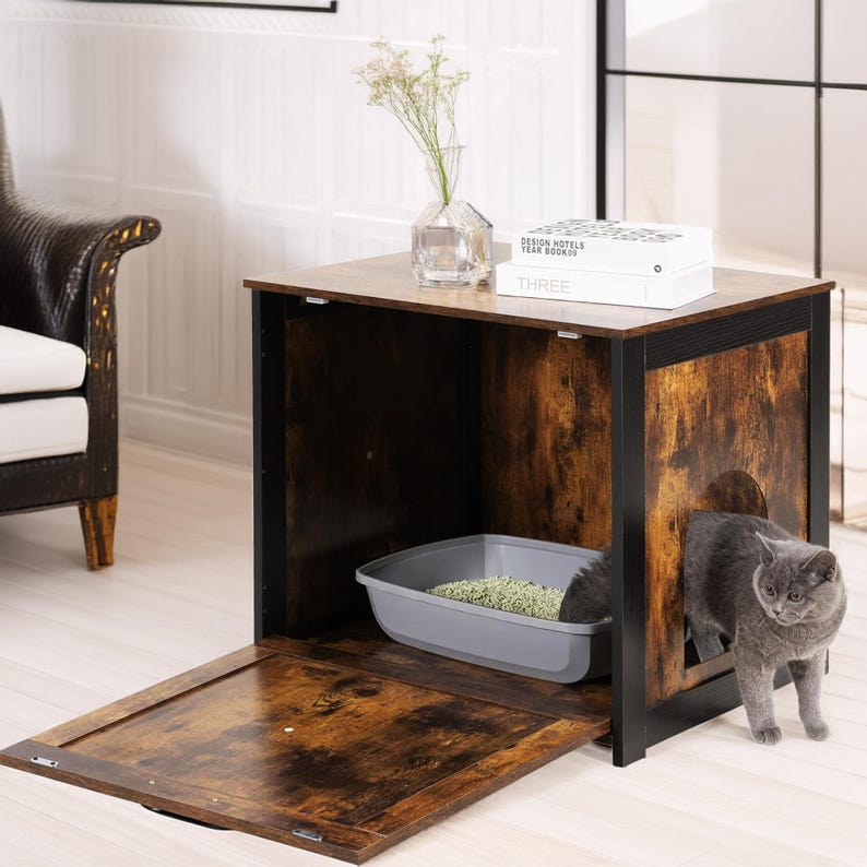 Wooden Cat Litter Box Cabinet, Rustic Hidden Cat Enclosure, Mid Century ...
