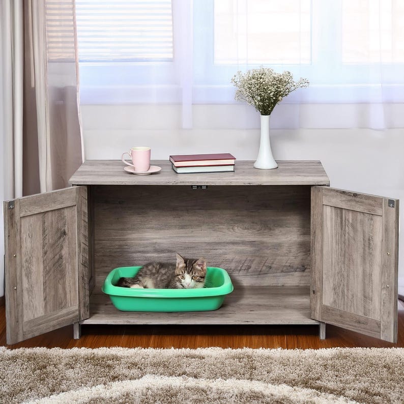 Rustic Cat Litter Box Cabinet, Grey Hidden Cat Enclosure, Mid Century ...