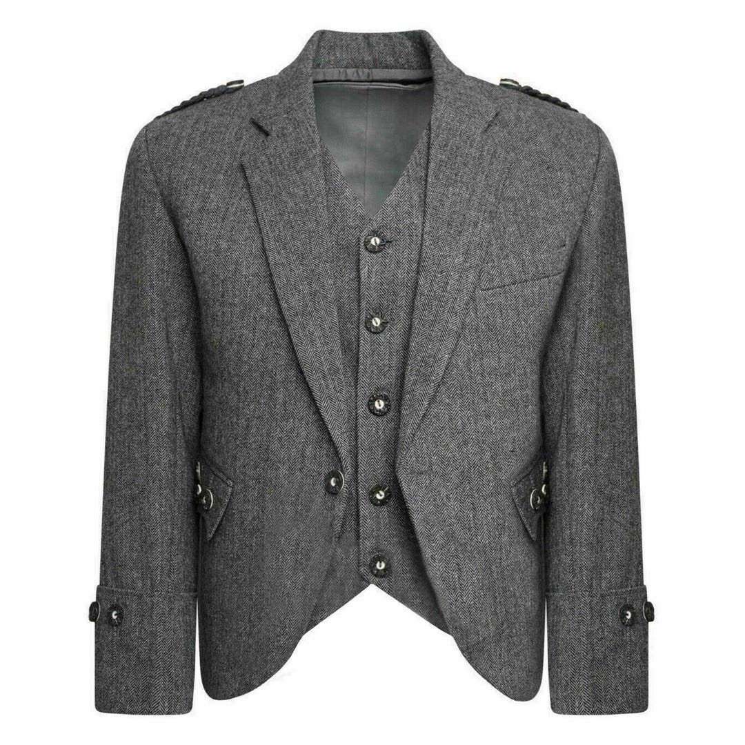 Mens Grey Tweed Wool Argyle Kilt Jacket With Vest Scottish Argyll ...