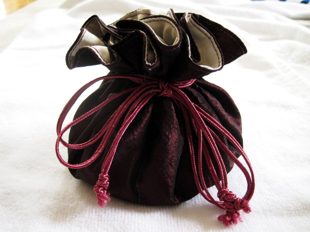 Burgundy Satin Jewelry Pouch: Travel Drawstring Bag With Pockets - Etsy