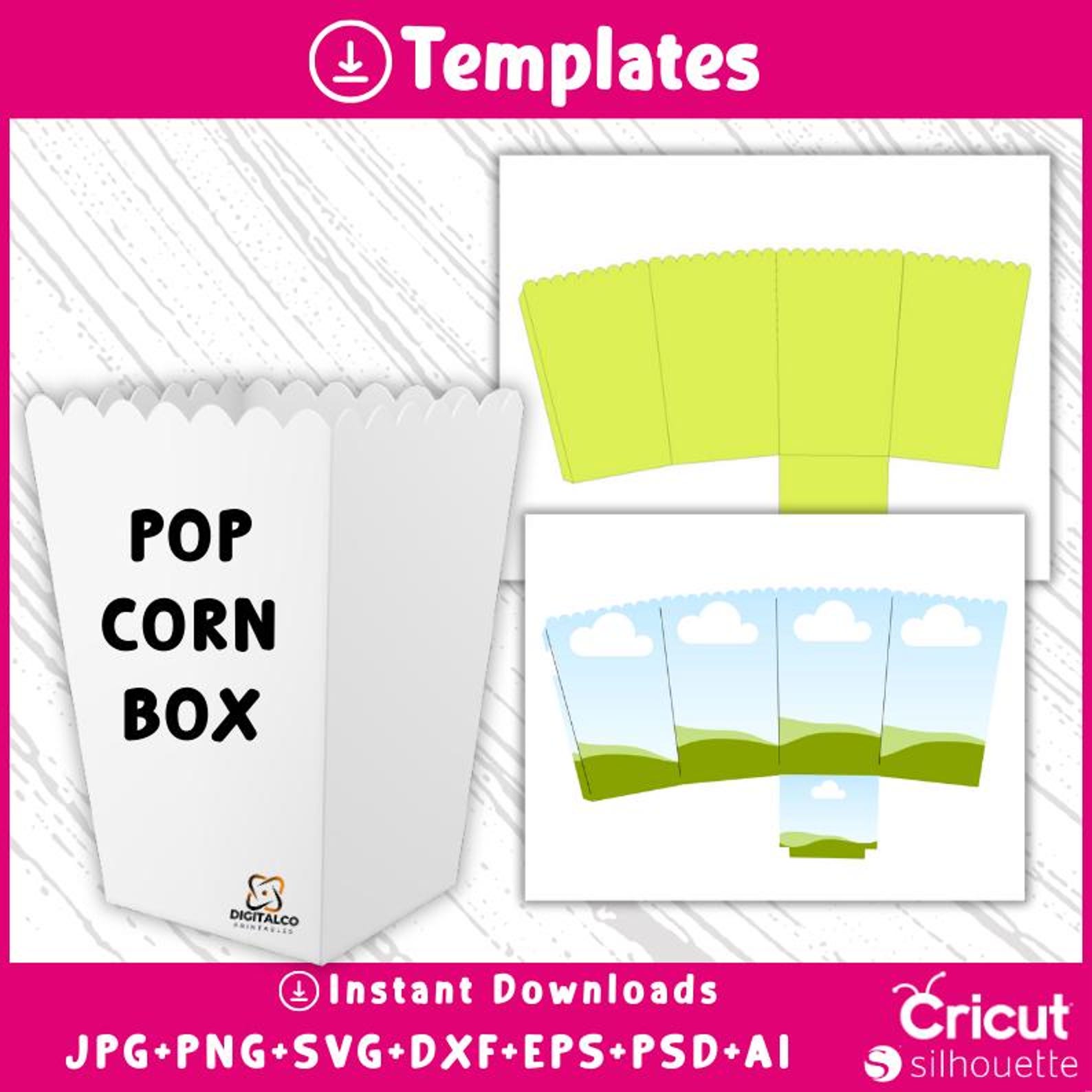 Pop Corn Box Template, Popcorn Box Blank Template, Snack Box Template ...