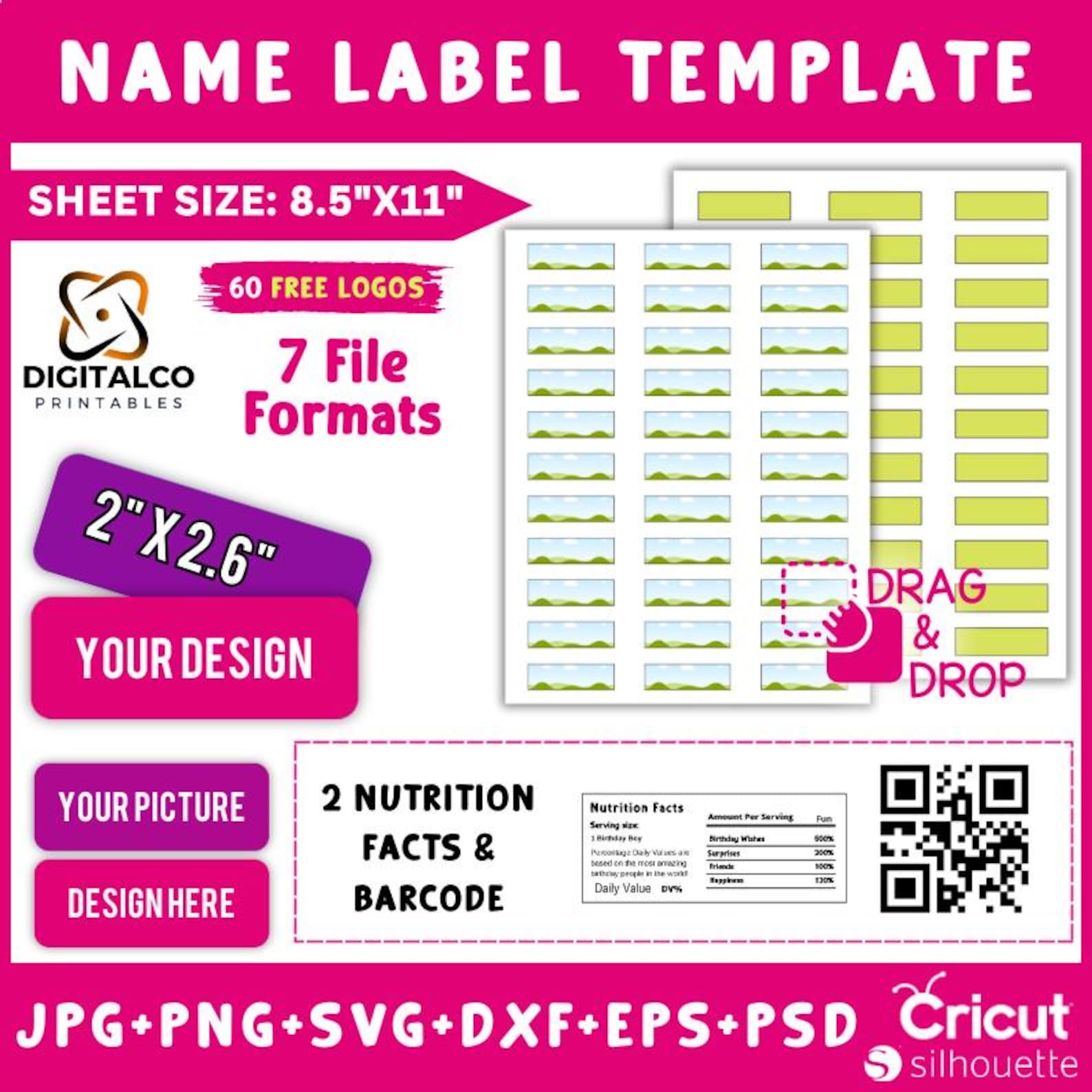 Printable Name Label Template: School Supply Labels, 2"x2.6" (digital ...