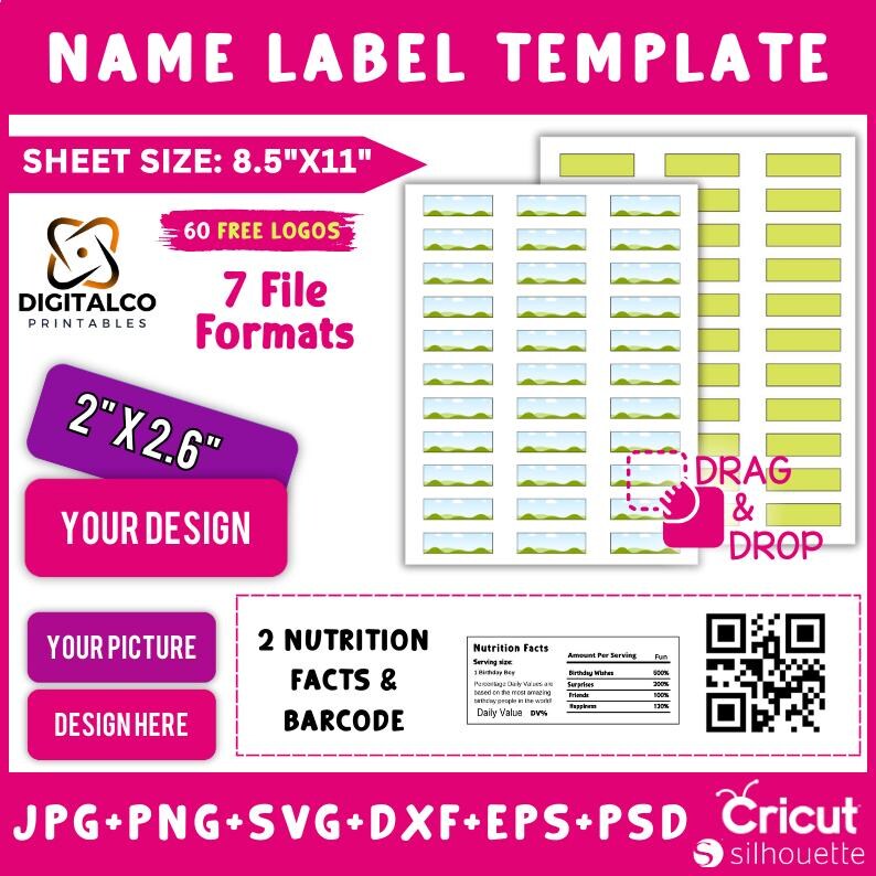 Printable Name Label Template: School Supply Labels, 2"x2.6" (digital ...