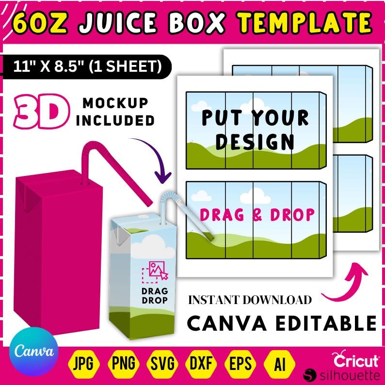 6oz Juice Box Mockup Template, Juice Box Wrapper Template, Juice Box ...