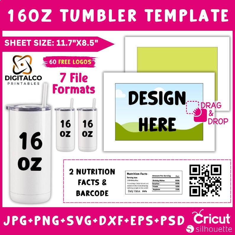 16oz Skinny Tumbler Template: Full Wrap, Editable Canva (digital ...