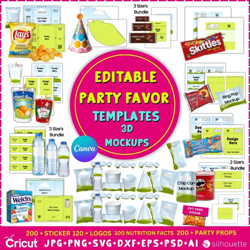Party Favor Templates Mockup Bundle: Canva Editable, Nutrition Facts ...