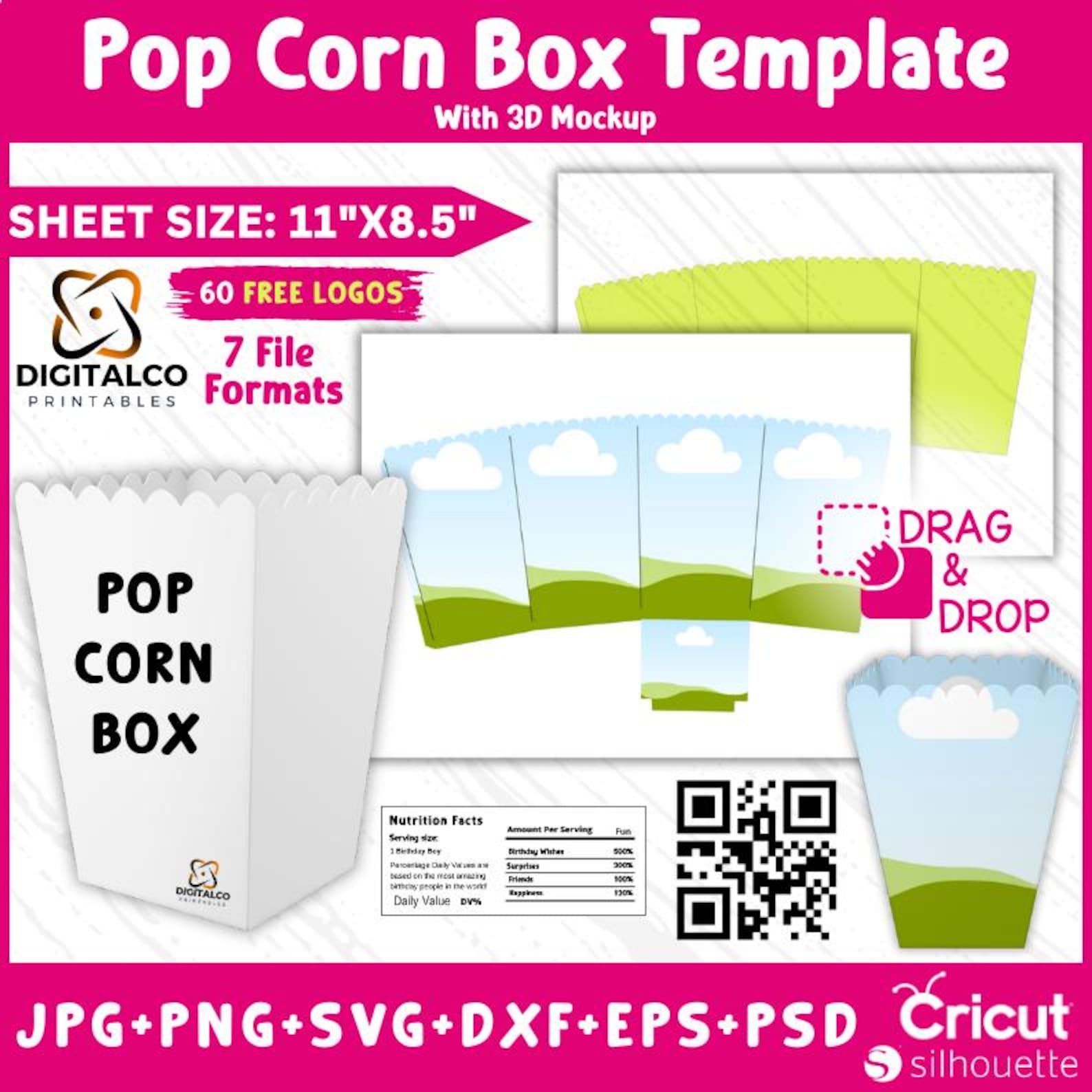Pop Corn Box Template, Popcorn Box Blank Template, Snack Box Template ...
