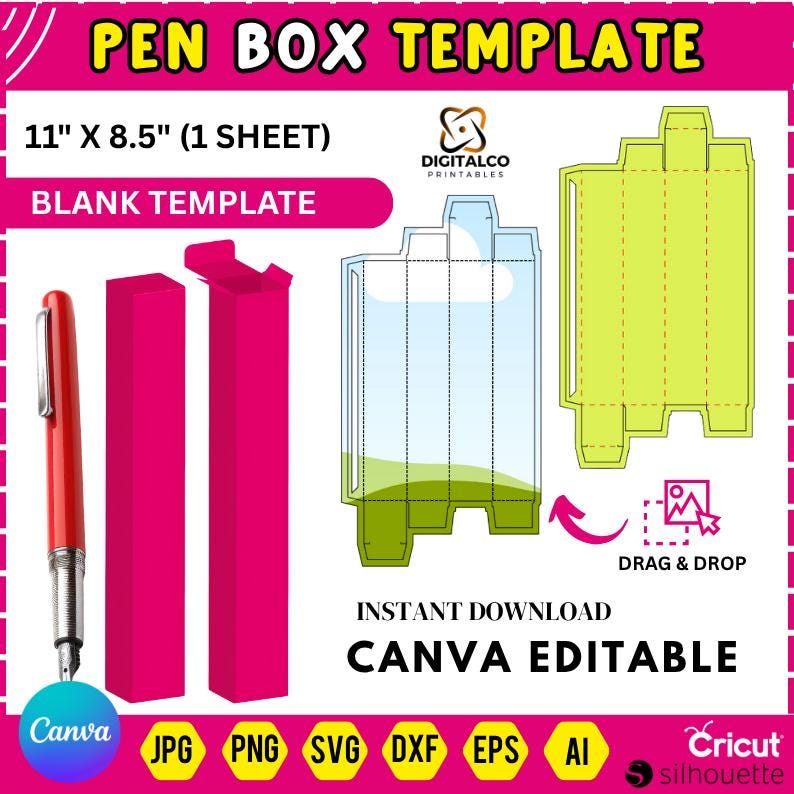 Pen Box Template, Pen Box Packaging, Pen Box Holder Template, Glitter ...