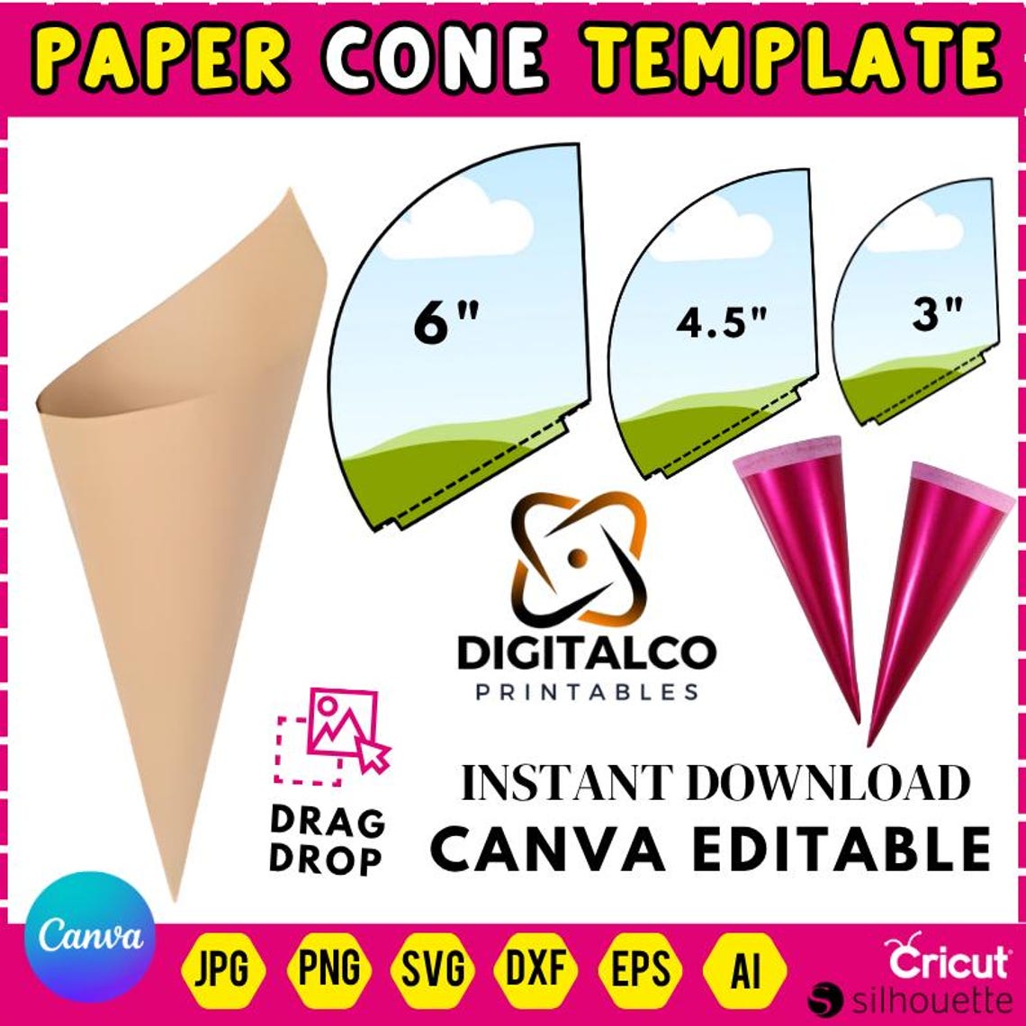 Paper Cone Canva Template Bundle, Paper Cone Template, Candy Cone ...