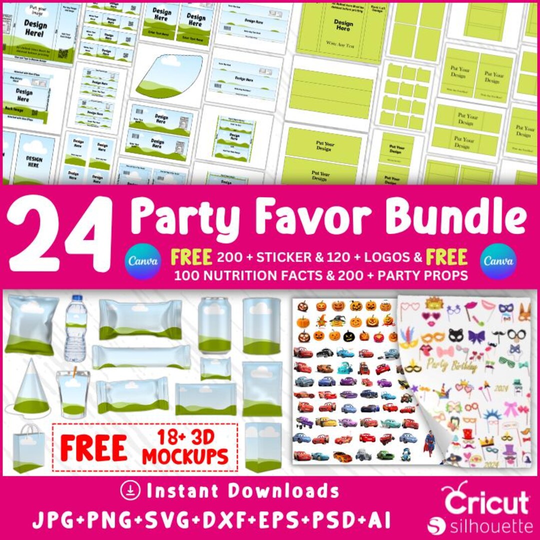 Party Favor Mockup Bundle, Canva Editable Party Favor Templates, Chip ...