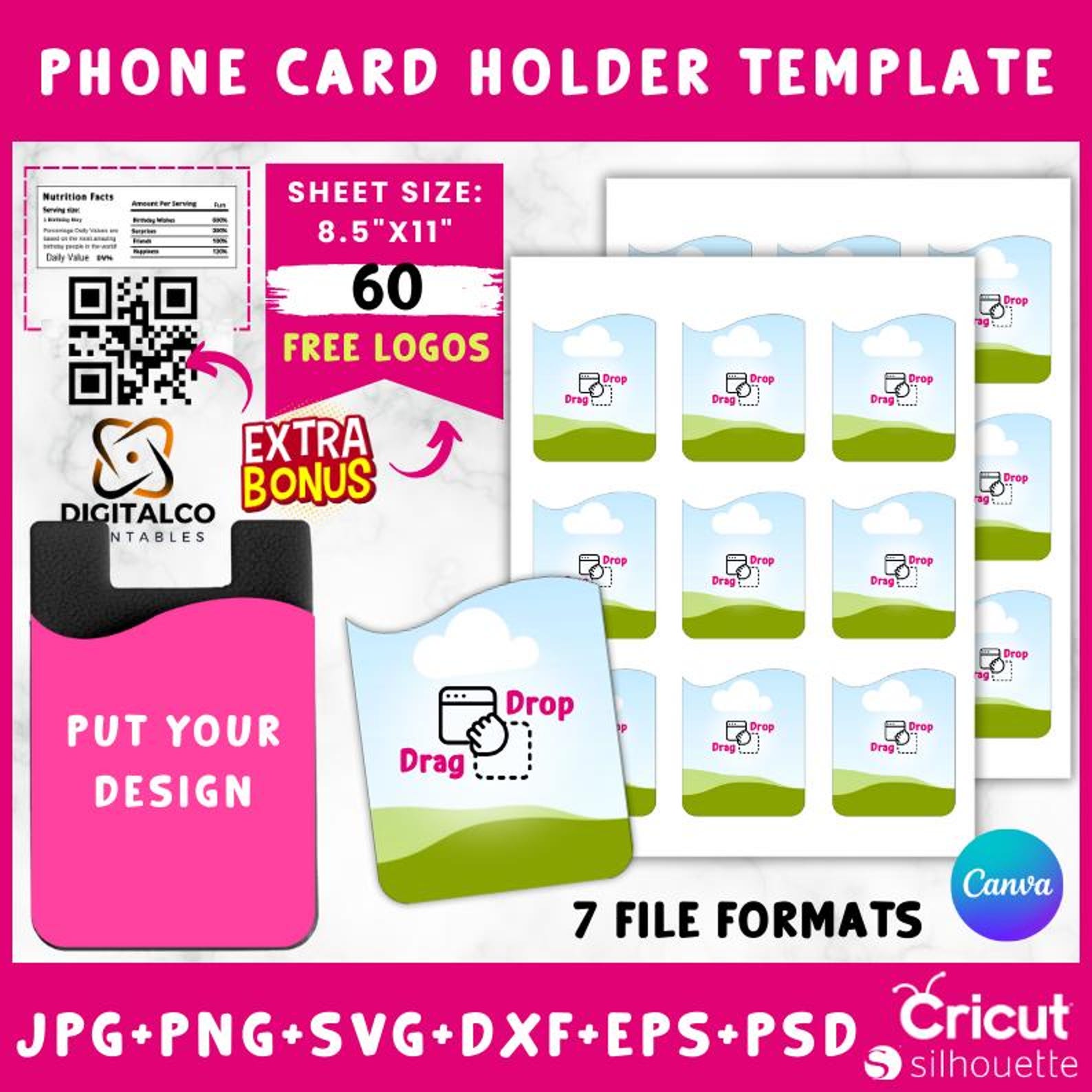 Phone Card Holder Template: Sublimation Design, Editable Canva (8.5"x11 ...