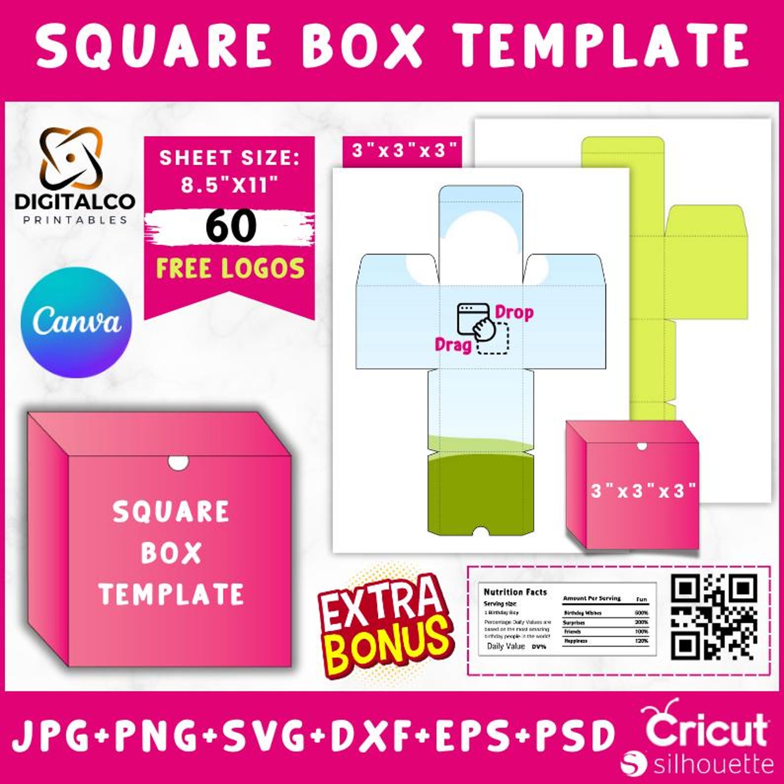 Square Box Template, Square Box Blank Template, Box Template, Party ...