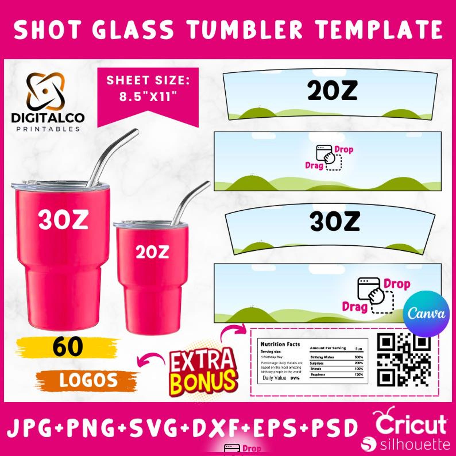 Shot Glass Tumbler Templates , 3oz, 2oz Shot Glass Tumbler Wrapper ...