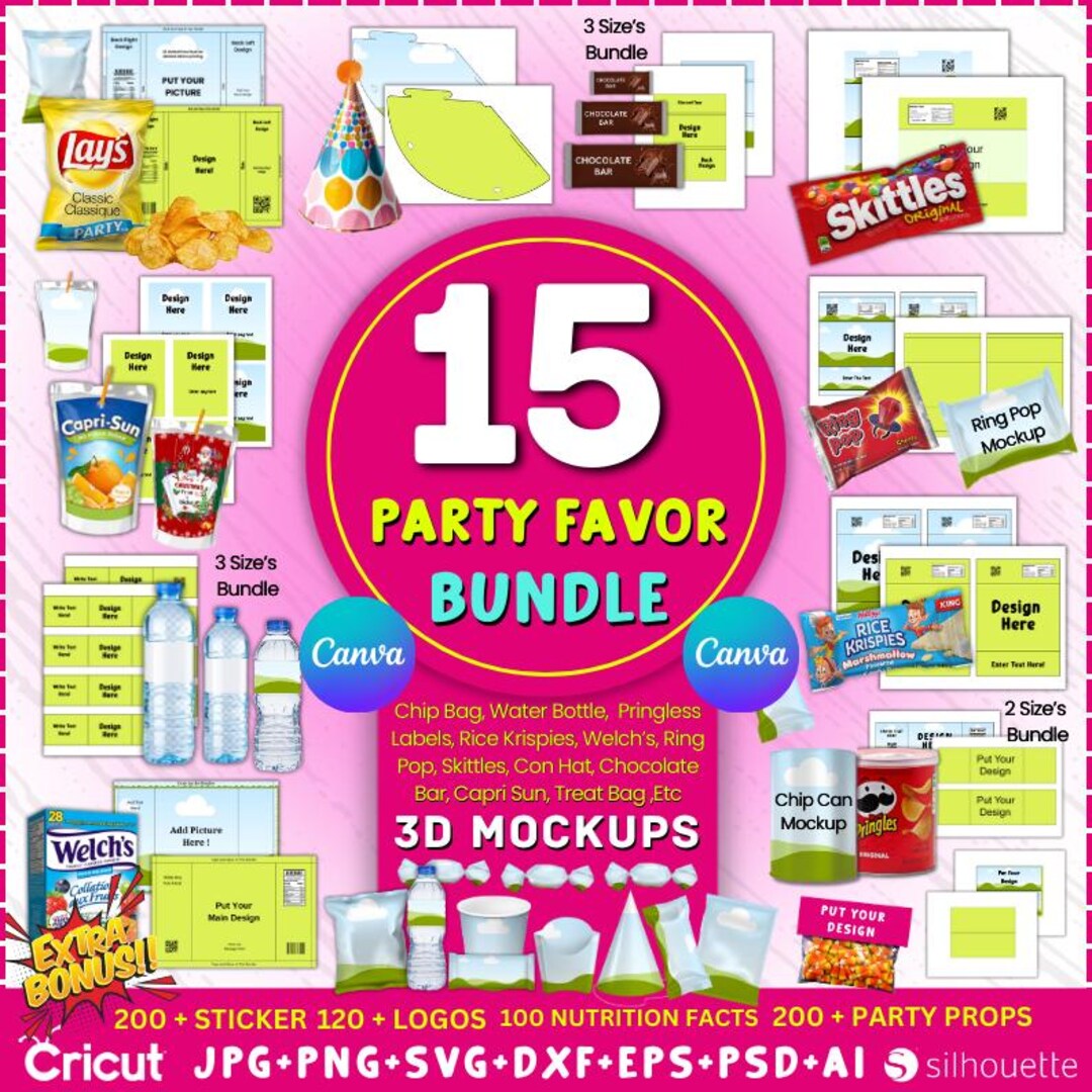 Party Favor Templates Mockup Bundle: Canva Editable, Nutrition Facts ...