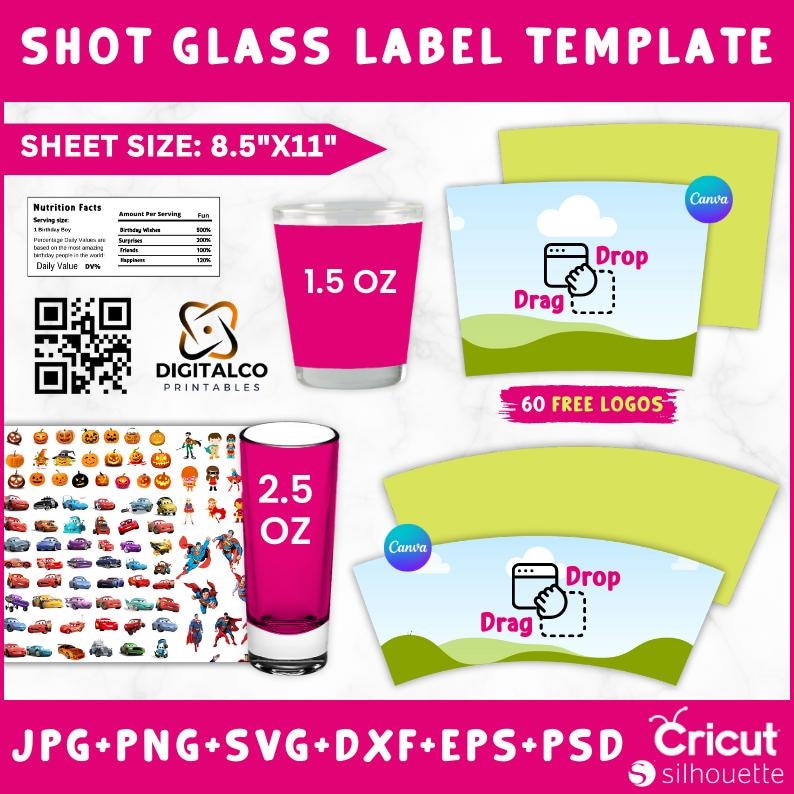 Shot Glass Templates , 1.5oz, 2.5oz Shot Glass Wrapper, Versatile Shot ...