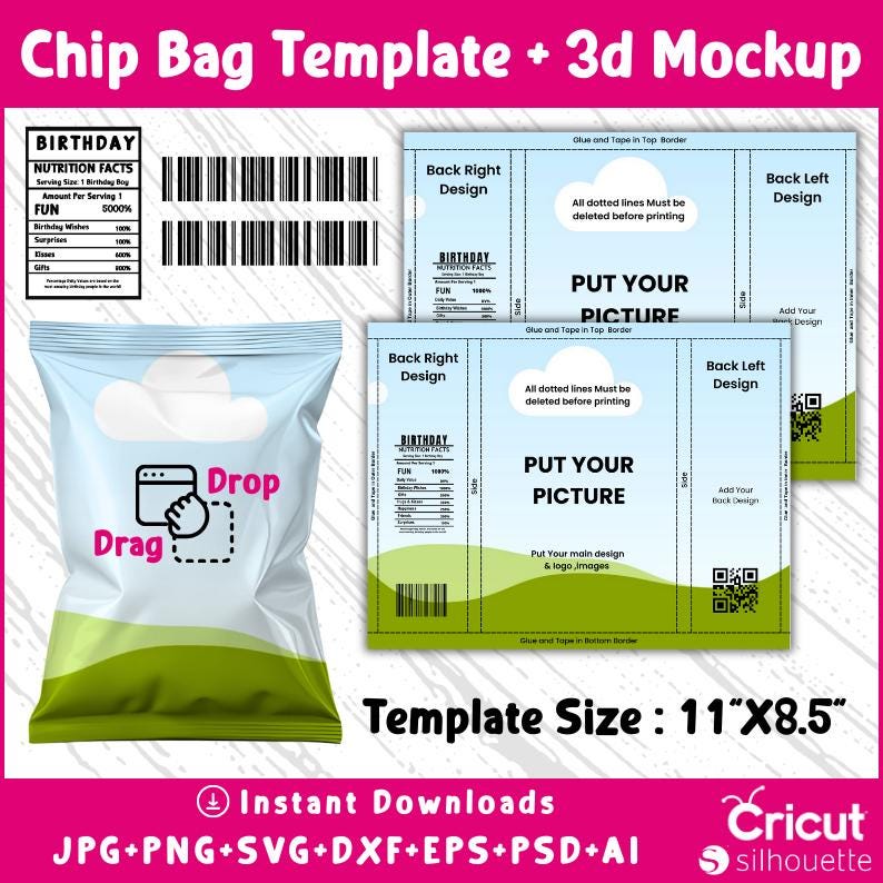 Editable Chip Bag Canva Template, Chip Bag Mockup, Chip Bag Label ...